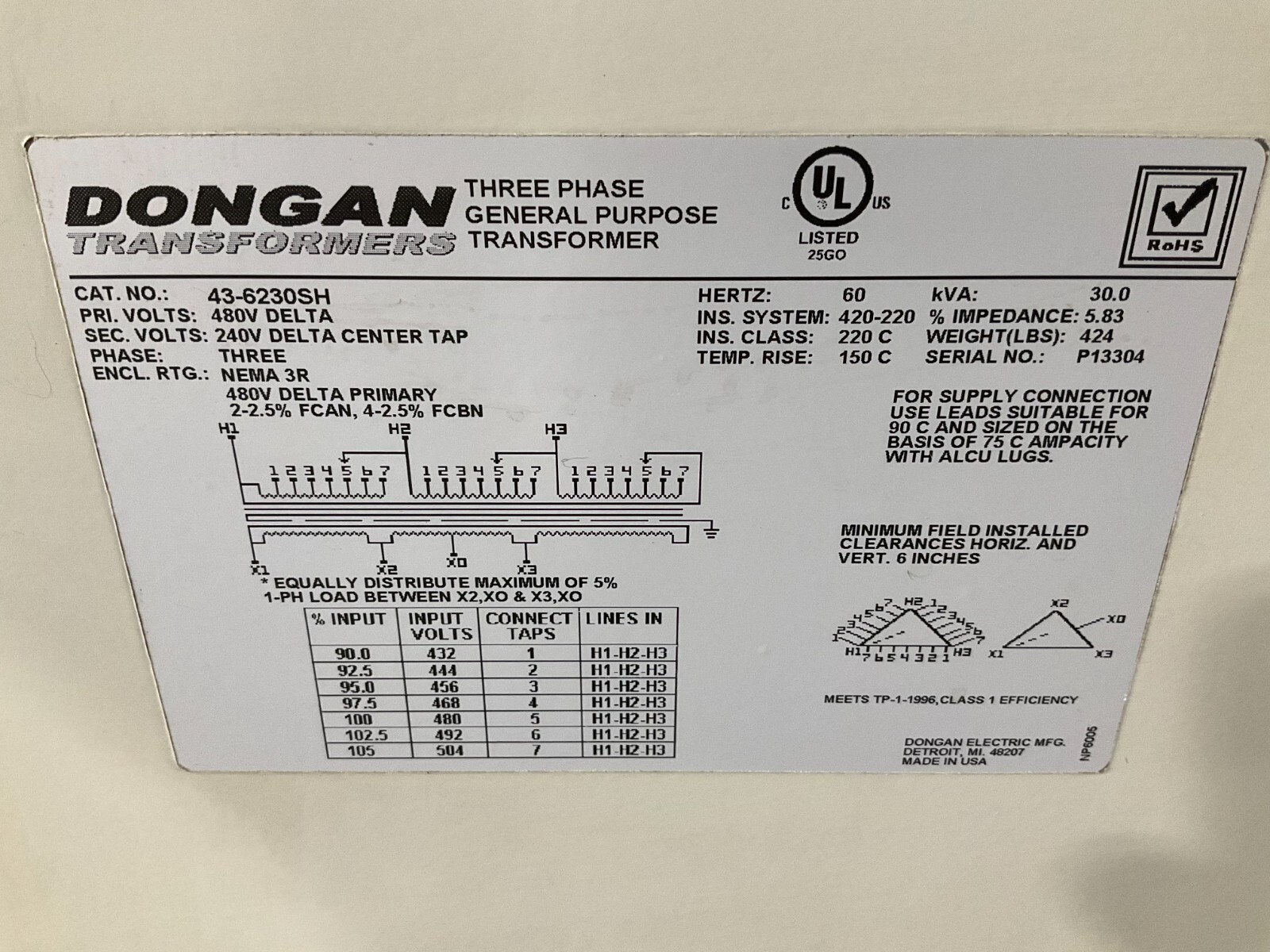 Dongan 43-6230SH Transformer 30 KVA Three Phase 3R 30000 VA 436230SH ...