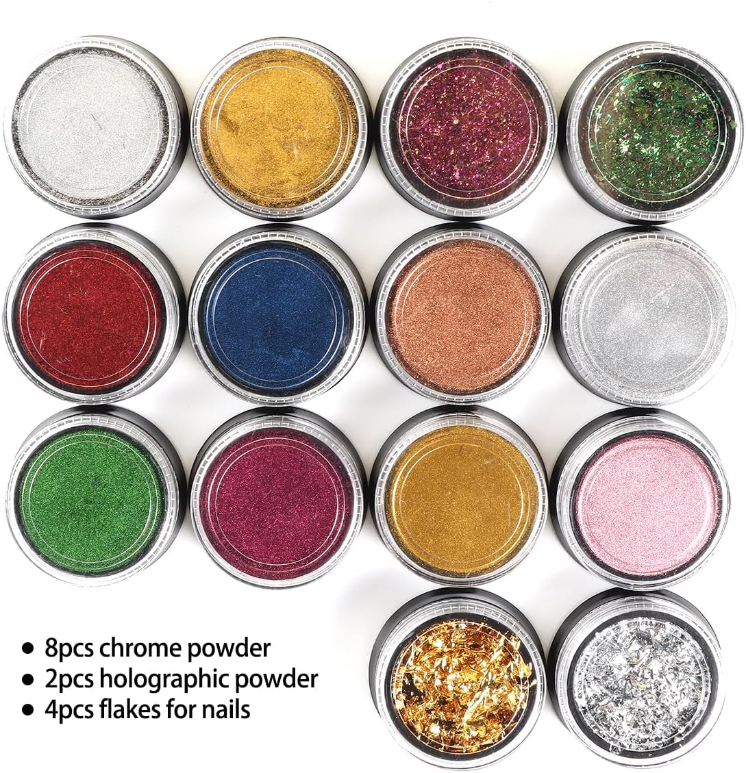 Chrome Nail Powder Set 14 Colors Pink Blue Silver Metallic Effect ...