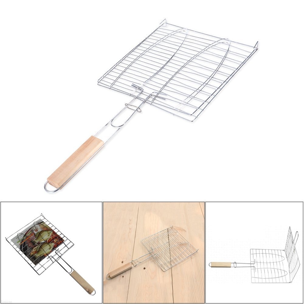 Barbecue Grilling Basket Grill BBQ Net Wooden Handle Meat Fish ...