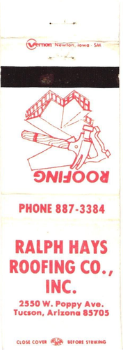 Tucson Arizona Ralph Hays Roofing Co., Vintage Matchbook Cover | eBay