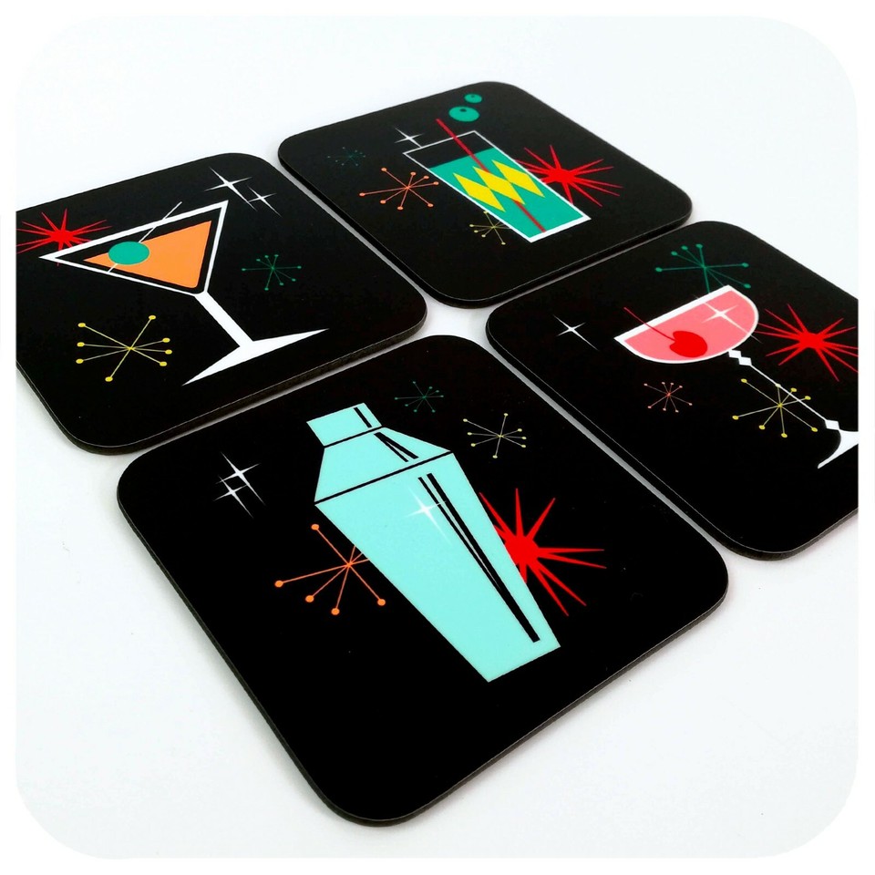 Retro Cocktails Coasters, Set of 4 Party Coasters, 50's Atomic style ...