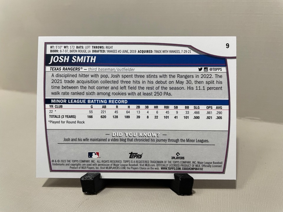 2023 TOPPS BIG LEAGUE BASEBALL JOSH SMITH #9 ROOKIE CARD TEXAS RANGERS ...