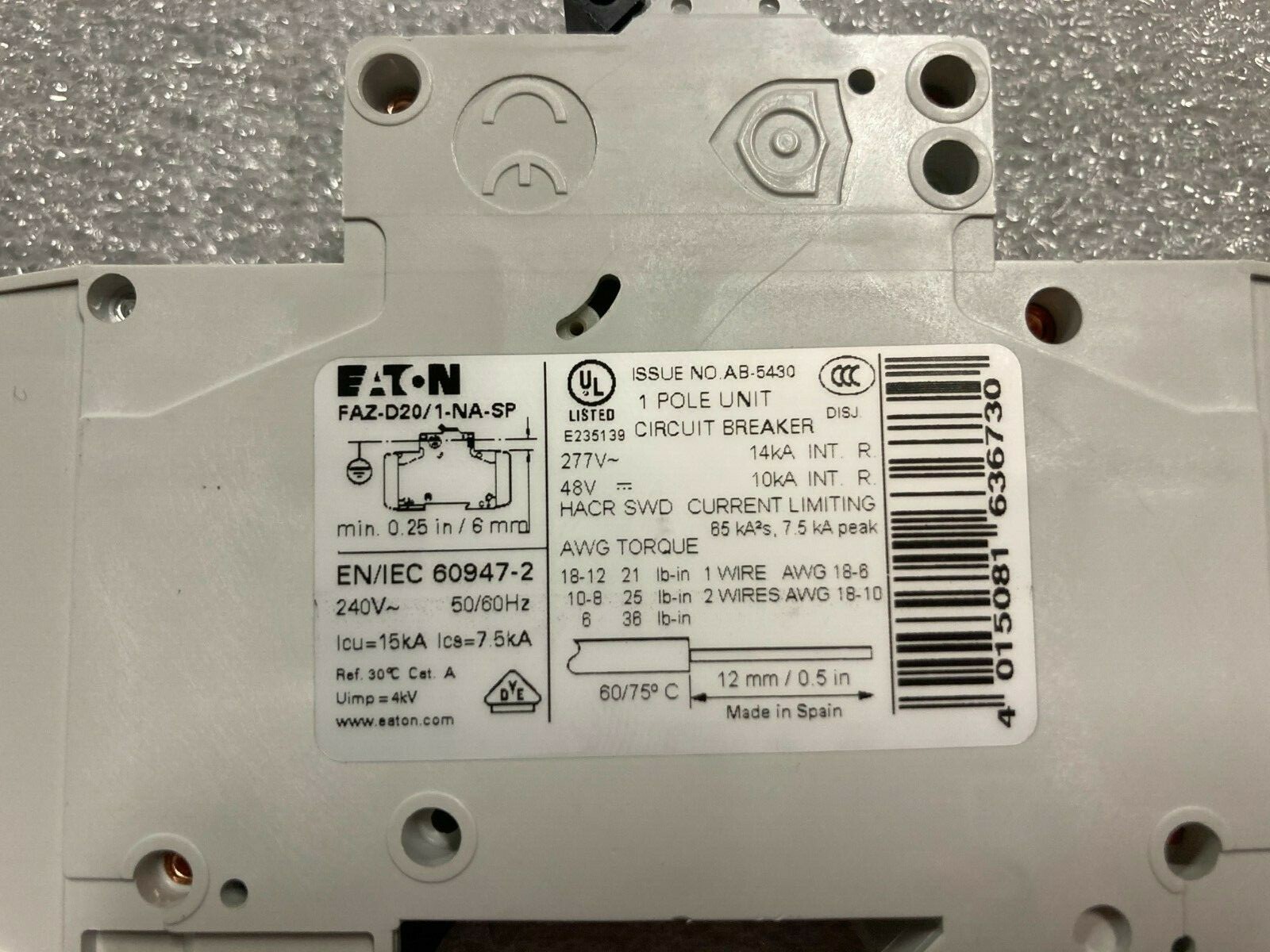 Eaton FAZ-D20/1-NA-SP Circuit Breaker 20AMP 277VAC UL489 - IN STOCK | eBay