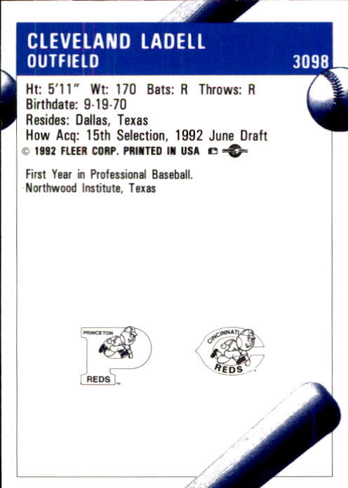1992 Princeton Reds Fleer/ProCards #3098 Cleveland Ladell Dallas Texas ...
