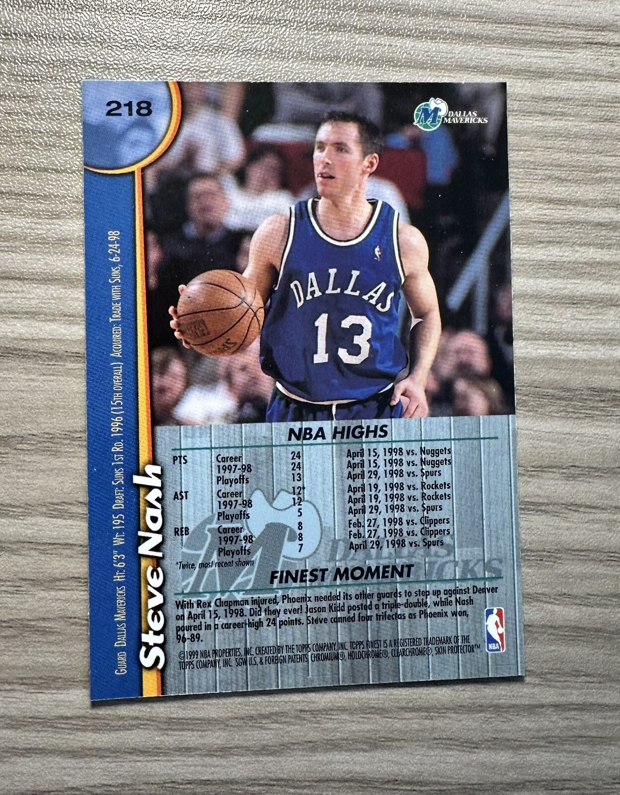 1998-99 Finest Dallas Mavericks Basketball Card #218 Steve Nash with ...