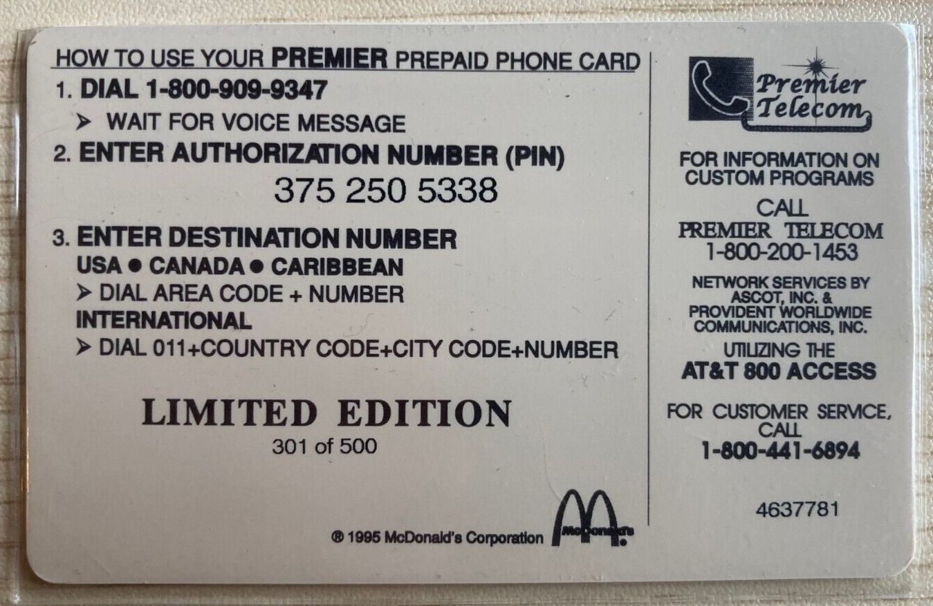 McDonalds Telephone Card Sommerfest 1995 Disco-Circus Markt Sudwest 3 ...