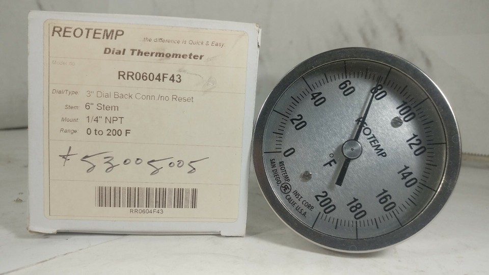 1 NEW REOTEMP RR0604F43 DIAL THERMOMETER 3" W/ 6" STEM 1/4"NPT 0-200F ...