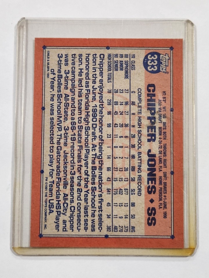 1991 Chipper Jones Topps 1st Round Pick #333 Rookie Card RC Atlanta ...