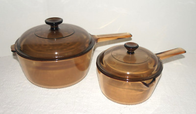 2 Corning Pyrex Vision Ware Amber Cookware 2.5L & 1L Saucepan Pots with ...