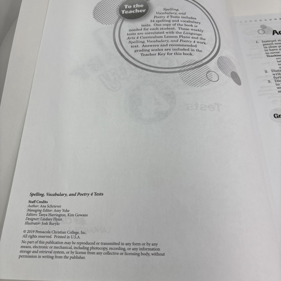 Abeka 4th Grade Spelling Vocabulary And Poetry Work Book Test Book ...