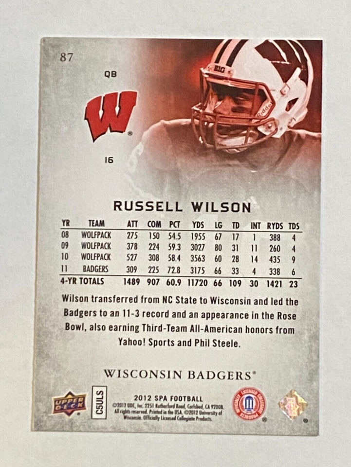 2012 Upper Deck SP Authentic Rookie #87 Russell Wilson Wisconsin ...