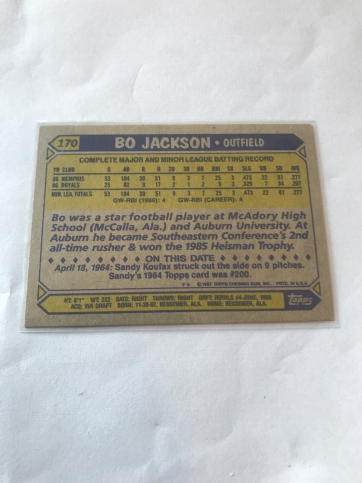Bo Jackson 1987 Topps Future Stars Rookie #170 Kansas City Royals Sharp ...