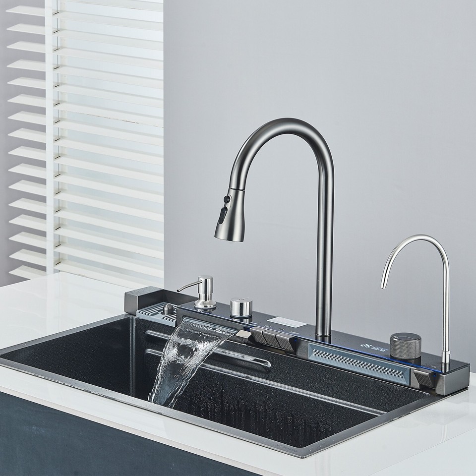 Kitchen Sink with Faucet Digital Display SingleBowl 5 Functions Dish ...
