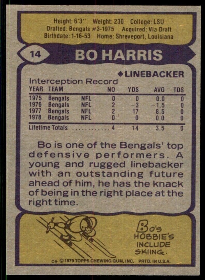 1979 TOPPS Football Vintage Trading Card #14 🏈 BO HARRIS, Cincinnati ...