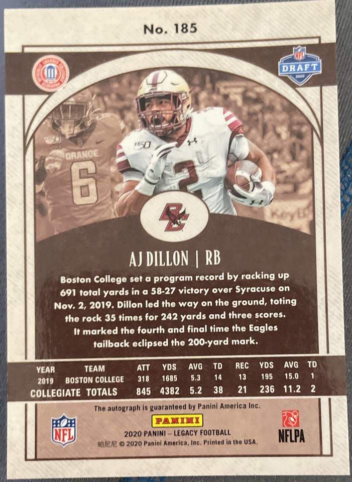 2020 Panini Legacy AJ DILLON RC CHROME AUTO AUTOGRAPH Rookie Packers ...