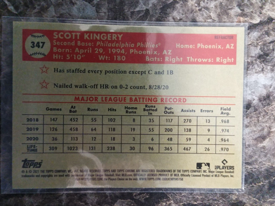 SCOTT KINGERY 2021 Topps Chrome Refractor #347 Phillies 2nd Baseman ...