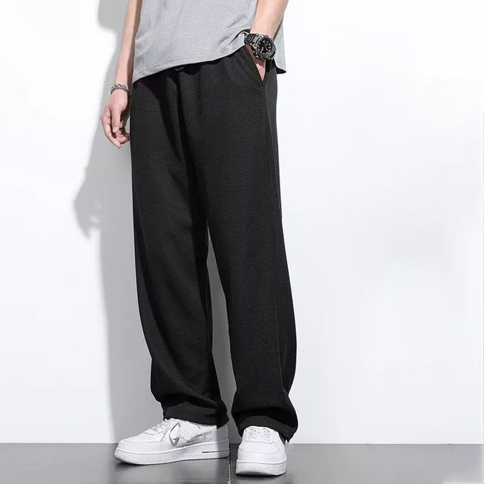 Men Solid Color Casual Loose Waffle Knit Pants with Pocket and Lace Up ...