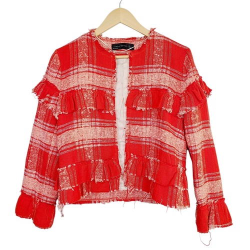 Zara Open Boucle Jacket M Red Plaid Woven Fringed Ruffle Cropped Long ...