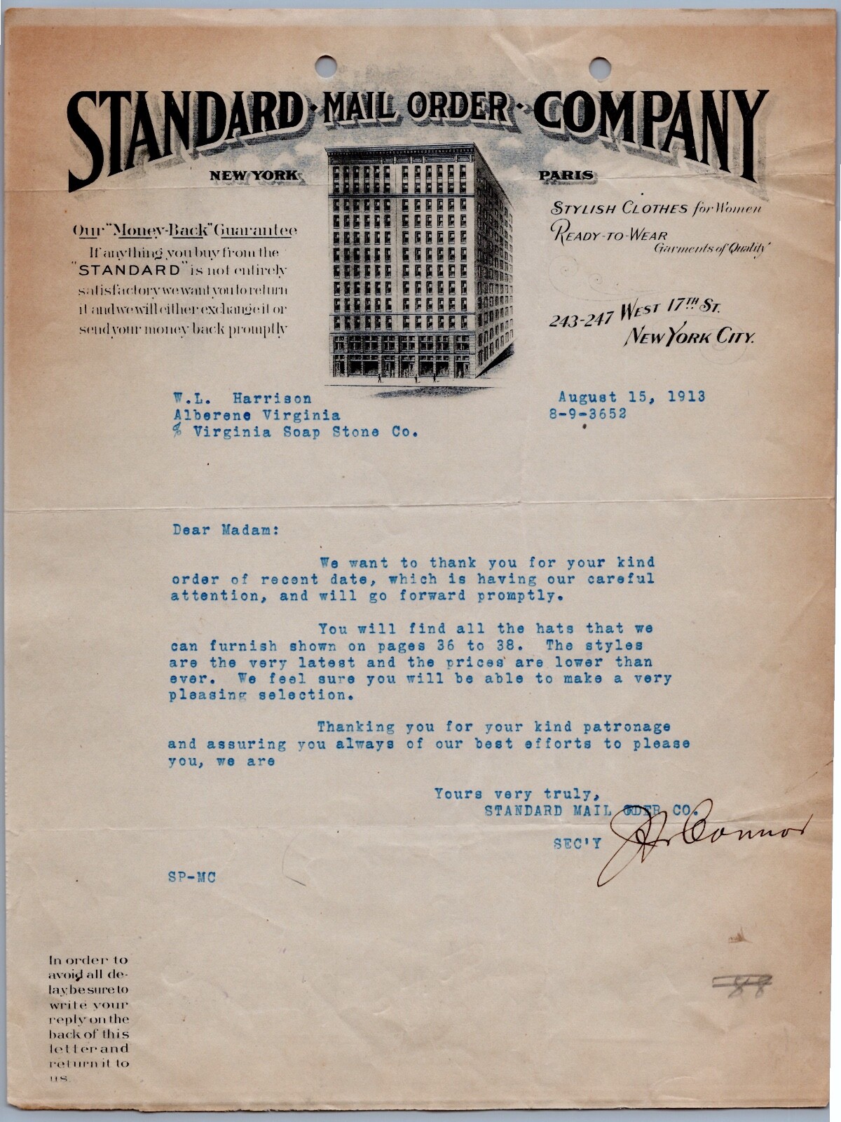 1913 Standard Mail Order Co Letterhead New York NY Women's Clothes ...
