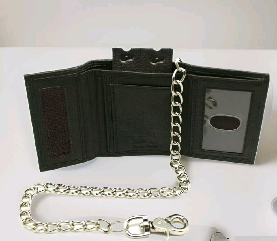 RFID Leather Trifold Chain Wallet & without chain Snap closer Hidden ...