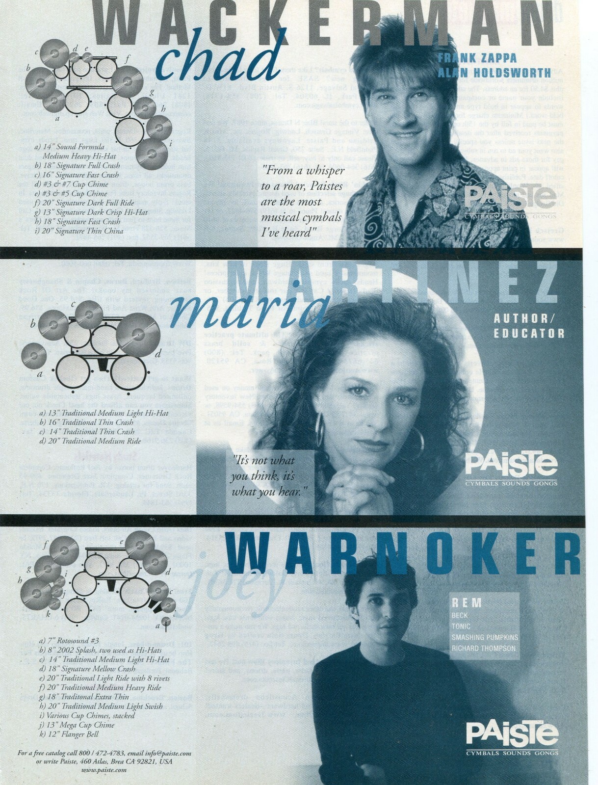 2000 Print Ad Paiste Drum Cymbals w Chad Wackerman Joey Warnoker Maria ...