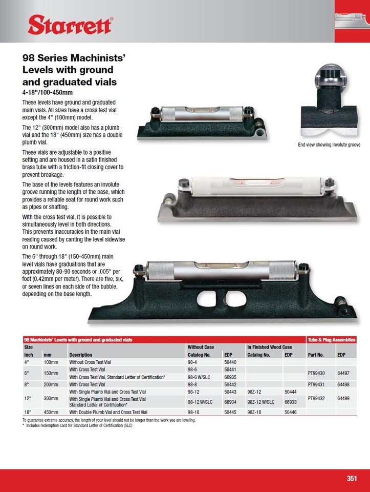 Starrett 98-6 Machinists' Level with Ground and Graduated Vial, 6 ...