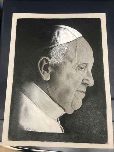 Signed R MACY Pencil Art Graphite Charcoal Drawing Catholic Pope ...
