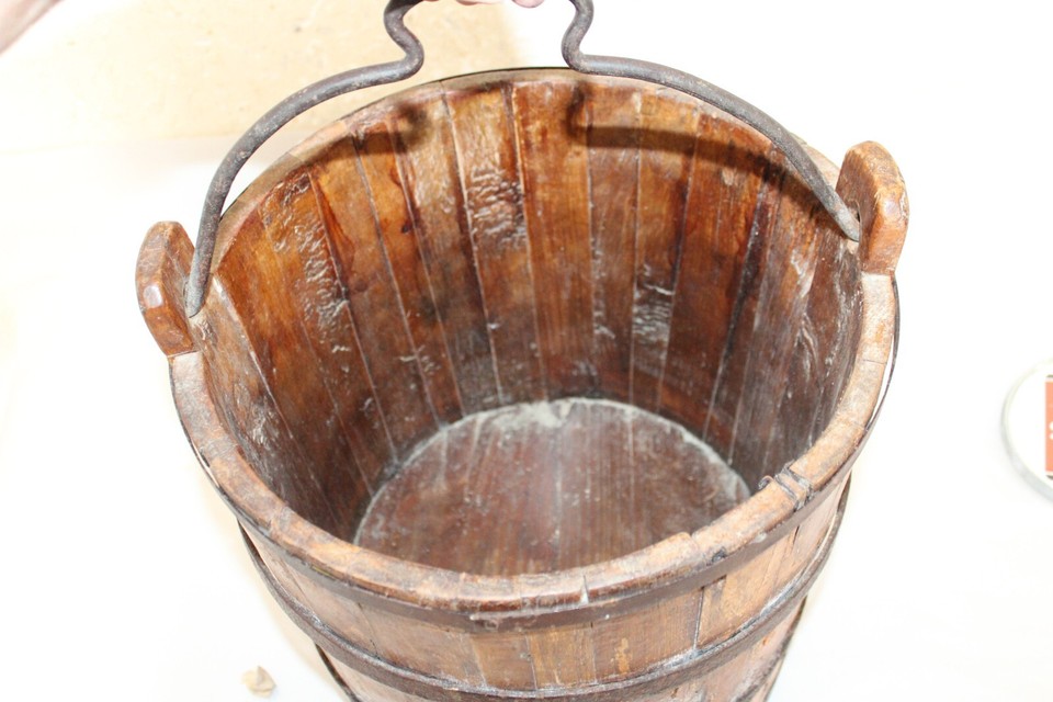 Antique Primitive Wooden Stave Well Water Bucket Metal Bands WOOD ...