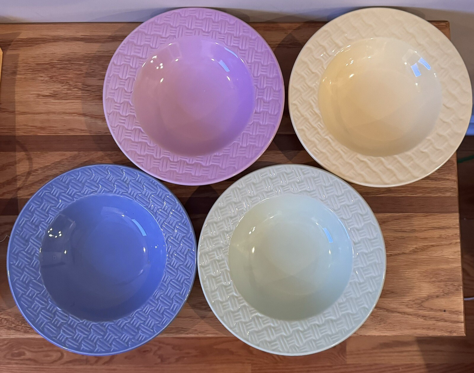 Royal Norfolk Basket Weave Wide Rimmed Bowls Set of 4 Yellow Pink Blue ...