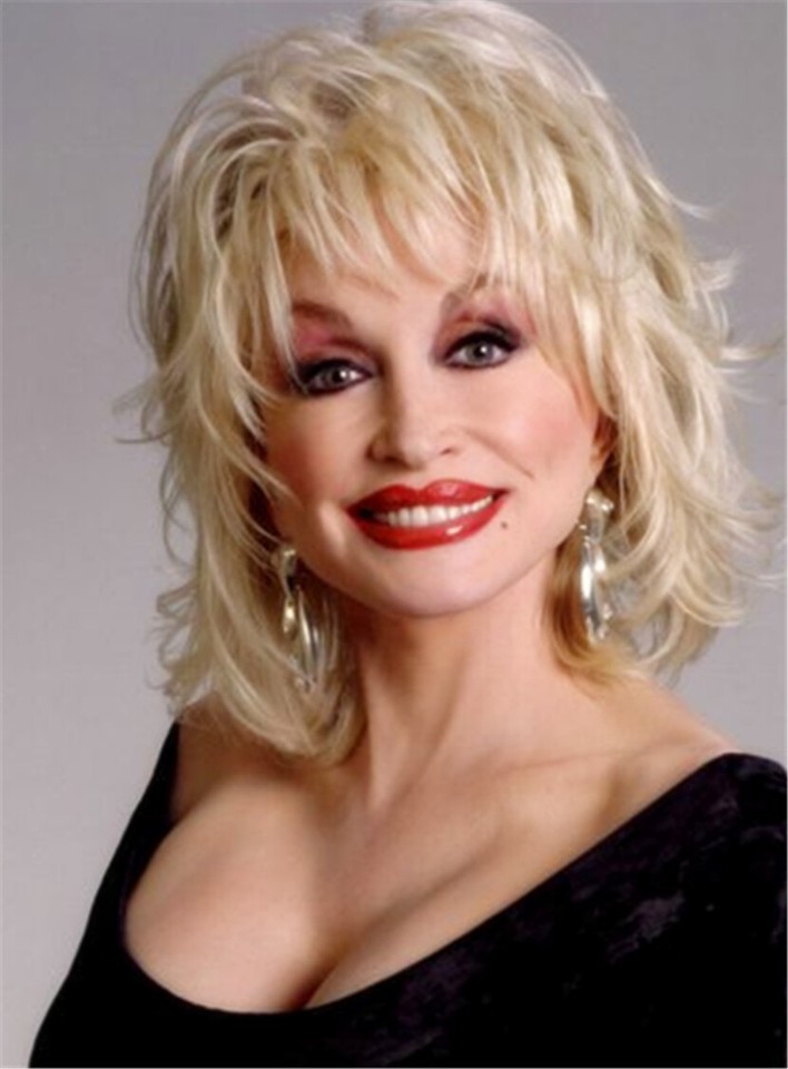 Dolly Parton Blond Mid-Length 100% Human Hair Wig Layered Women Natural ...
