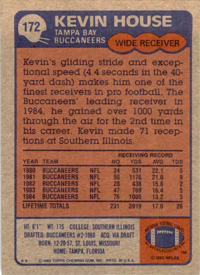 1985 TOPPS KEVIN HOUSE* TAMPA BAY BUCCANEERS. #172 | eBay