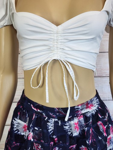 ZARA White Short Puff Sleeve Crop Top Side Zipper Drawstring Ruched Sz ...