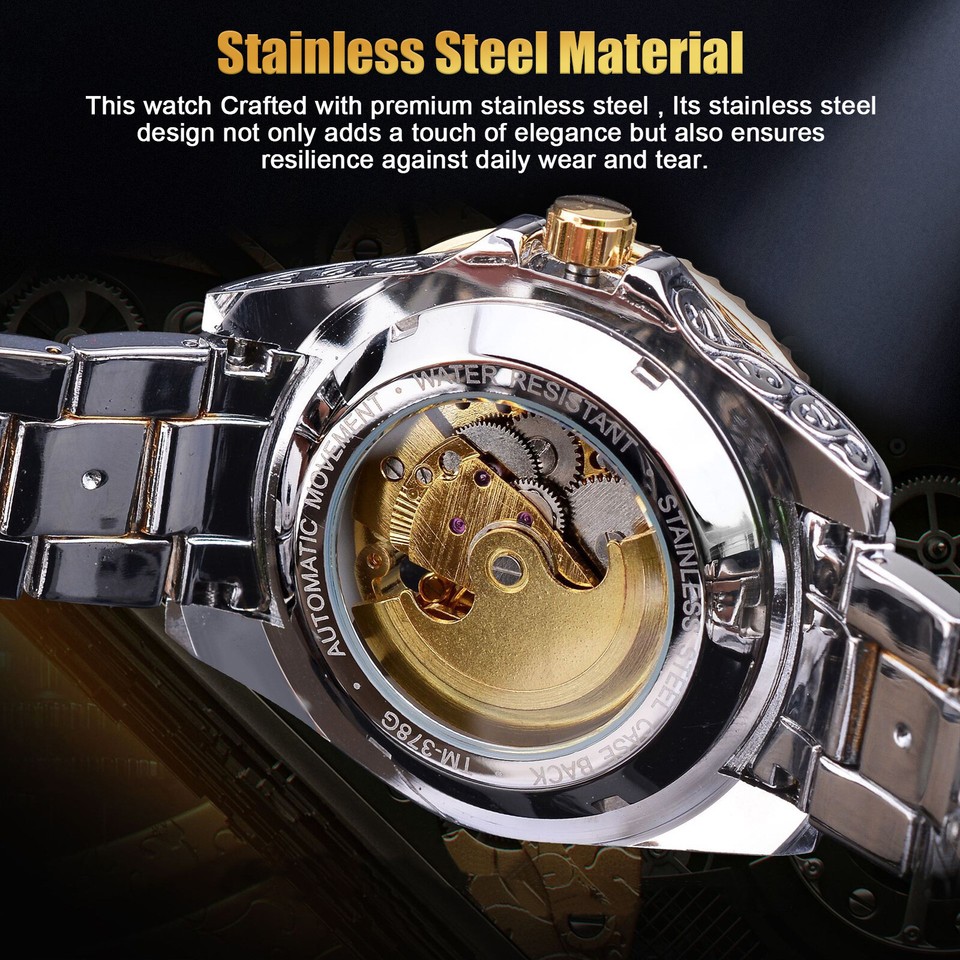 Luxury Men's Stainless Steel Automatic Mechanical Wrist Watch Gold Tone ...