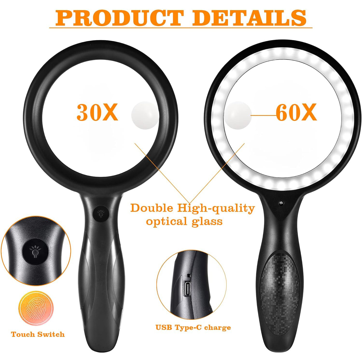 33LEDs Magnifying Glass with Light 30x 60x Hand Held Magnifiers Seniors ...