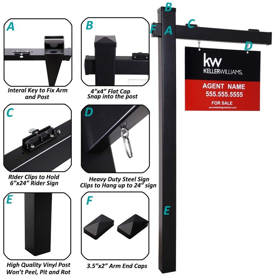 Vinyl PVC 6-Feet Black Real Estate Sign Post with Flat Cap, Realtor ...