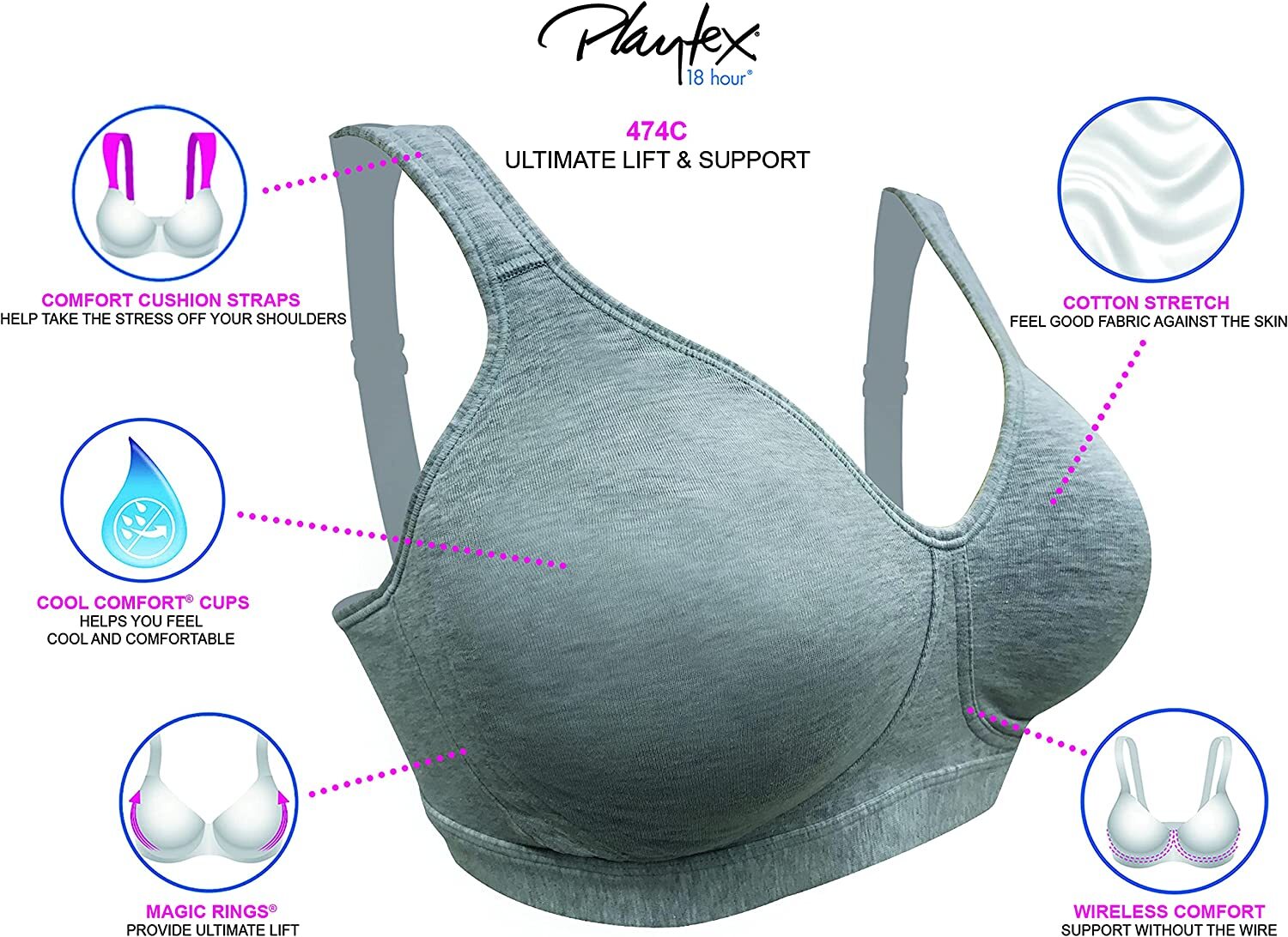 Playtex Wirefree Bra 18Hour 474C Cotton Stretch Ultimate Lift Support ...