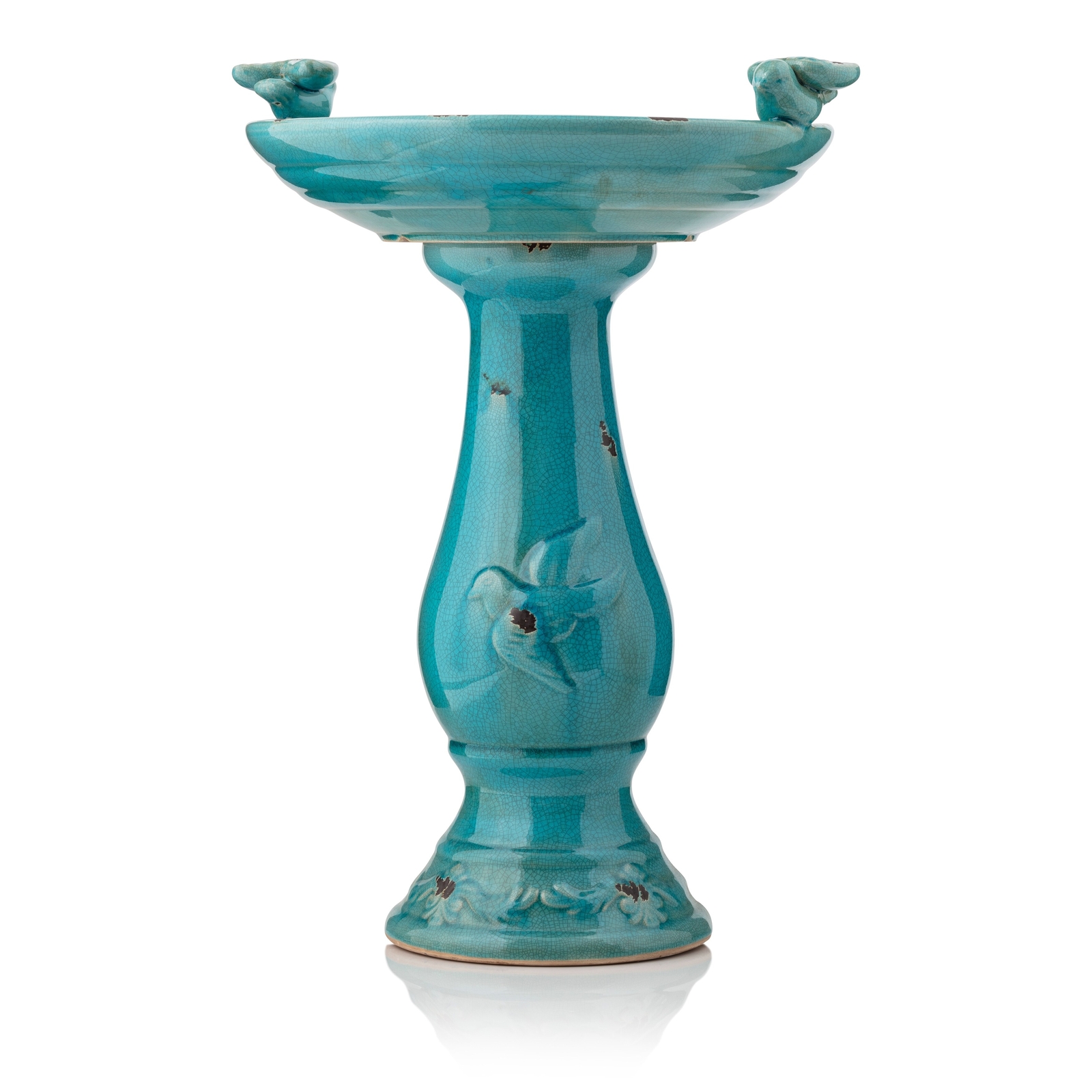 Alpine Outdoor Birdbath 25 in. Weather Resistant Ceramic Turquoise ...