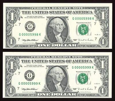 Beautiful Set of Two Consecutive Crisp Fancy Low Serial 1995 $1 Notes ...