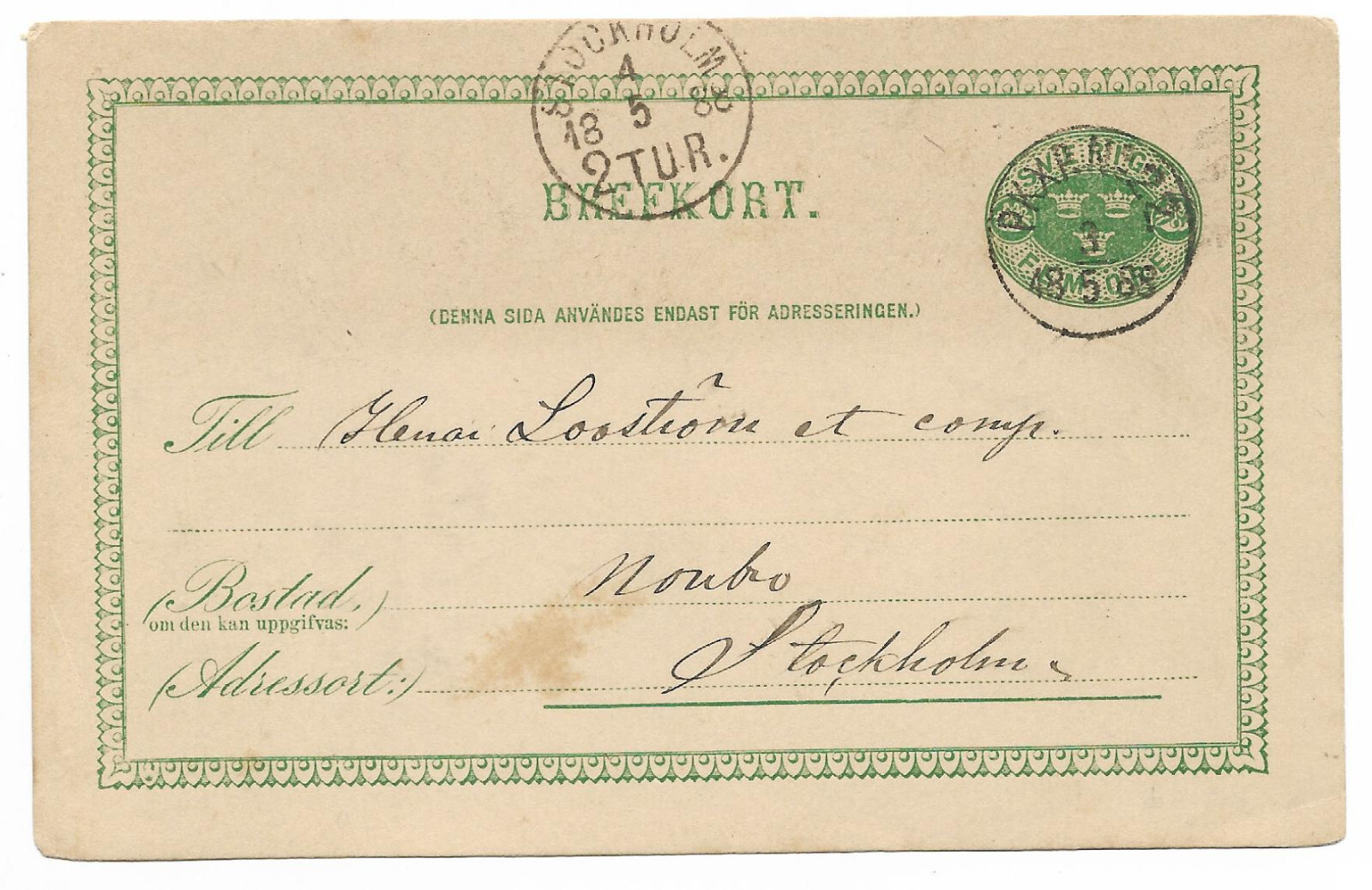 SWEDEN Postal Stationery 1888 PKSP. cancel | eBay