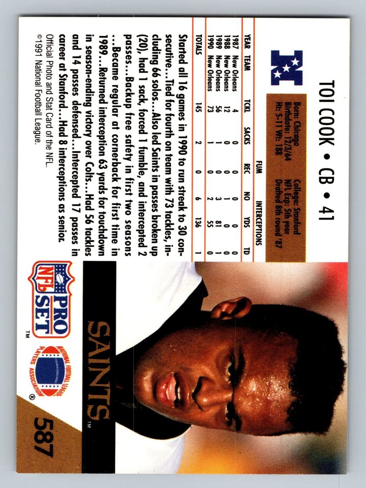 1991 Pro Set #587 Toi Cook RC Rookie New Orleans Saints | eBay