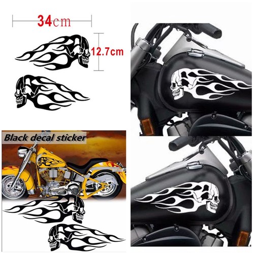 2X Black Motorcycle Gas Tank Flames Skull Badge Decal Sticker Eye ...