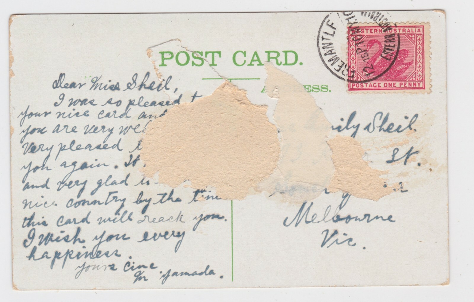 King's Park Perth POSTCARD Western Australia WITH FREMANTLE CDS 1910 ...