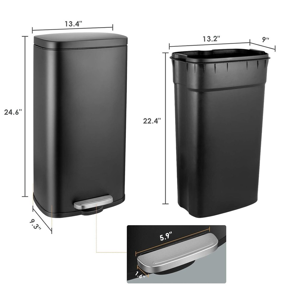 8 gal Kitchen Garbage Can Stainless Steel Trash Can W/ Foot Pedal Soft ...