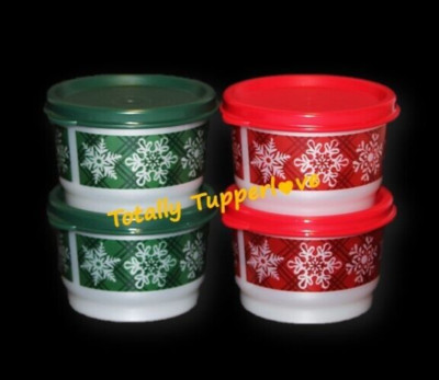 4 Tupperware Snack Cups 4 oz. Snowflakes Containers Red Green Snow ...