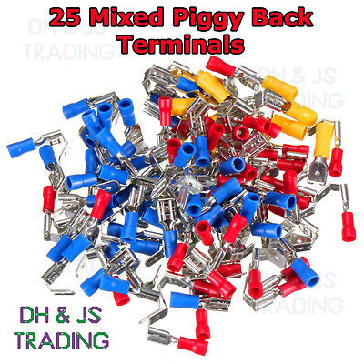 25 Mixed Piggyback Terminals Electrical Red Blue Yellow Crimp Piggy ...