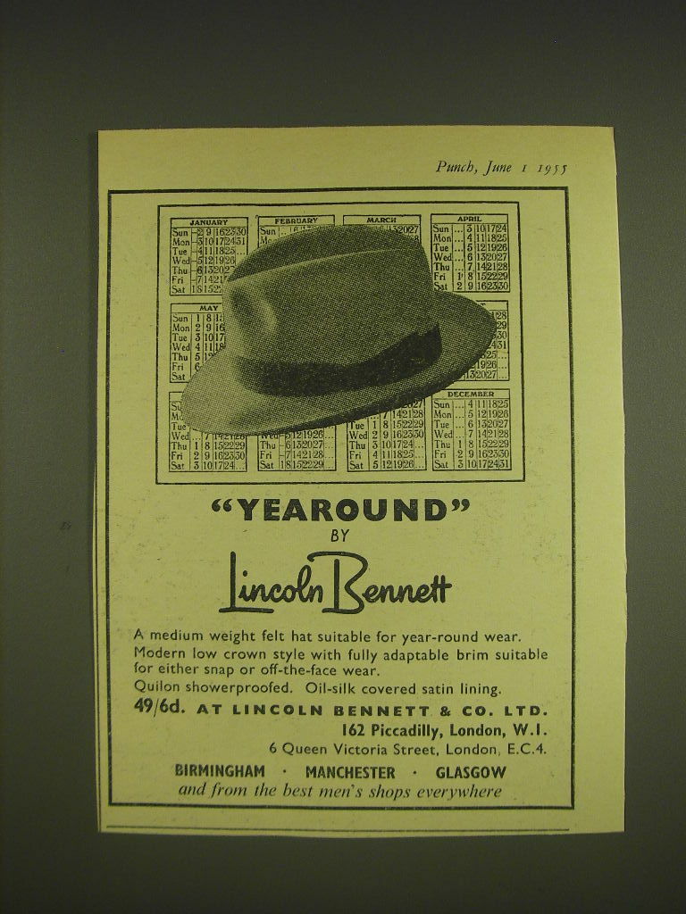 1955 Lincoln Bennett Hats Ad - Yearound by Lincoln Bennett | eBay