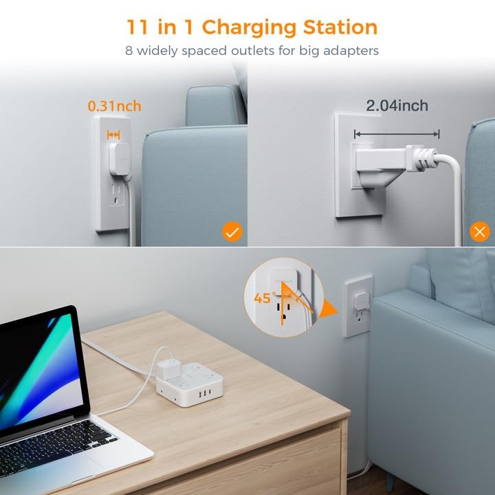 Flat Plug 20 FT Long Extension Cord, Ultra Thin Power Strip Surge 20 ...