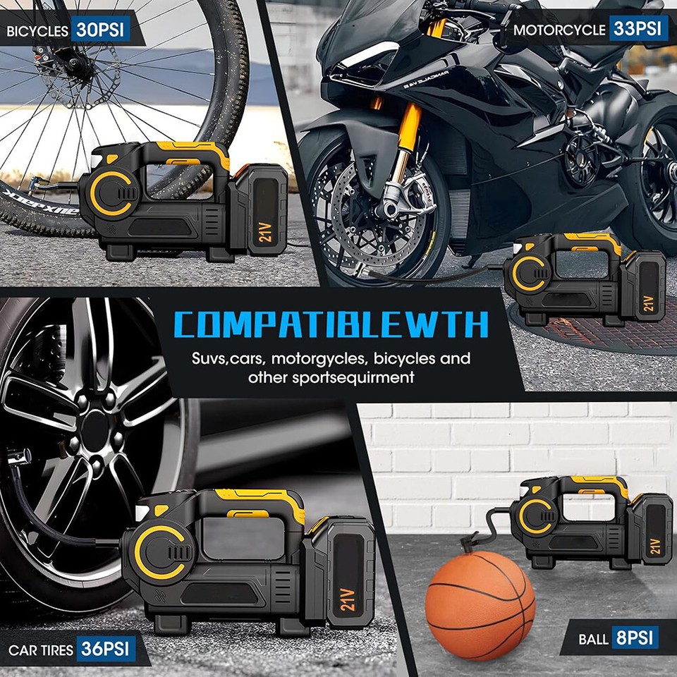 Cordless Tire Inflator Air Compressor Car Tire Pump with Rechargeable ...