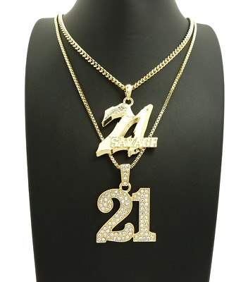 Hip Hop Number 21 Savage Pendant 20",24" Cuban,Box Chain 2 Necklace Set ...