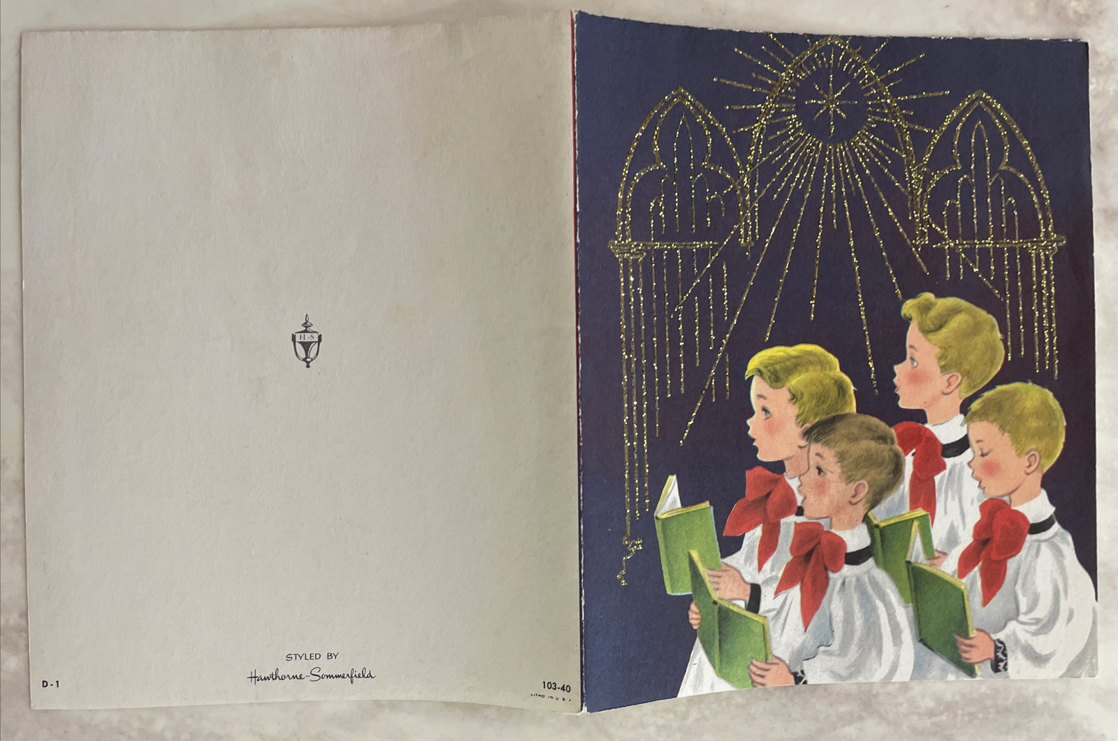 50s Church Choir Boys Gold Glitter Church Archways Vtg Christmas Card ...